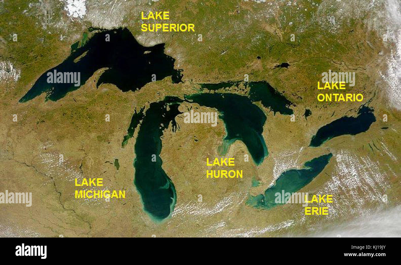 This image shows a satellite view of the Great Lakes, providing a ...