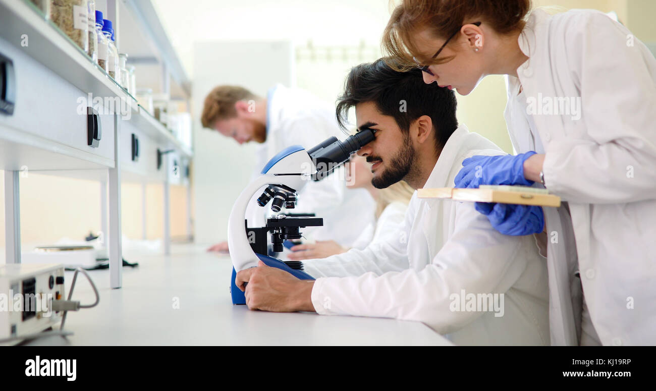 Group of scientists doing research looking through microscope Stock ...