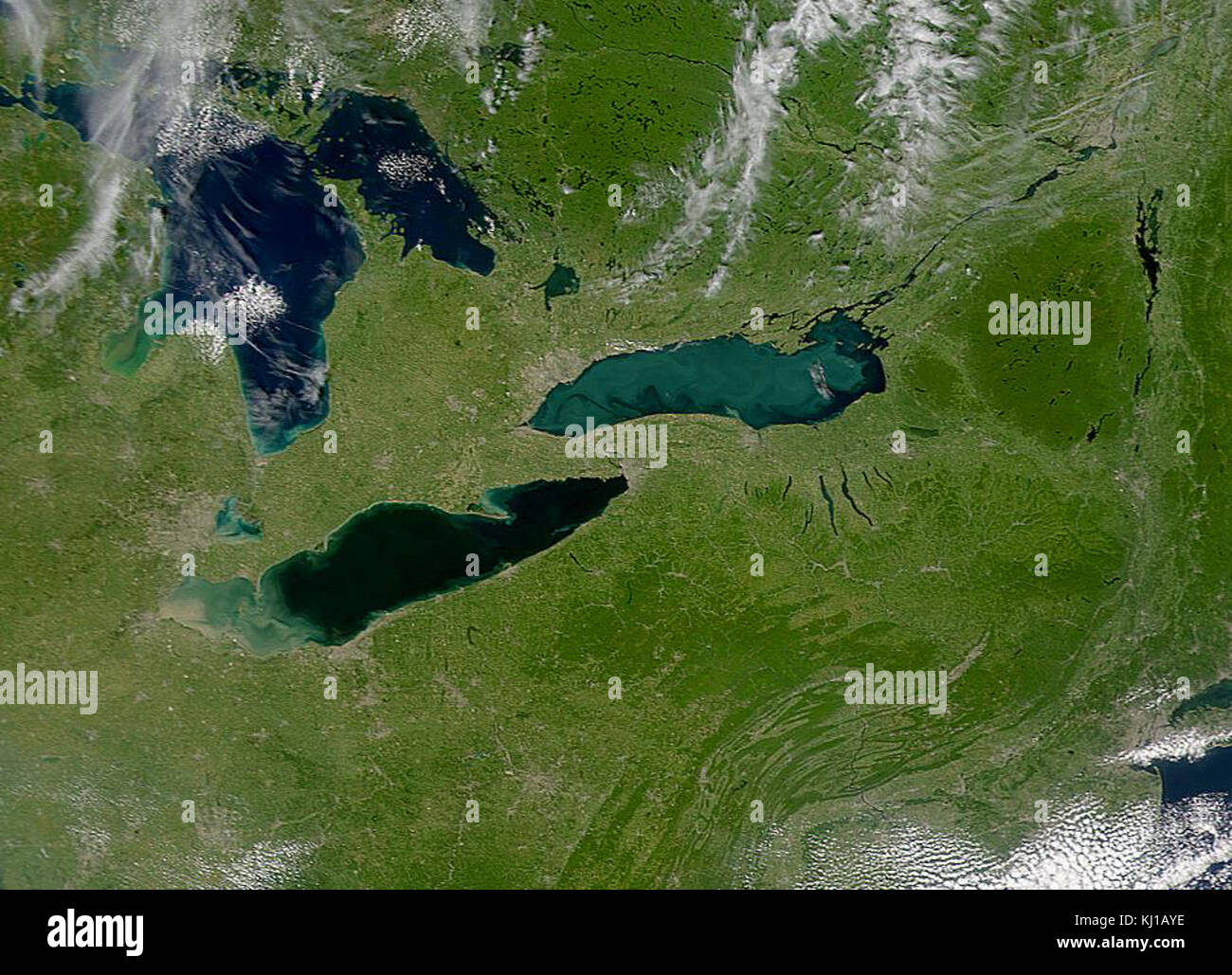 This satellite image offers a detailed view of Lakes Erie and Ontario ...