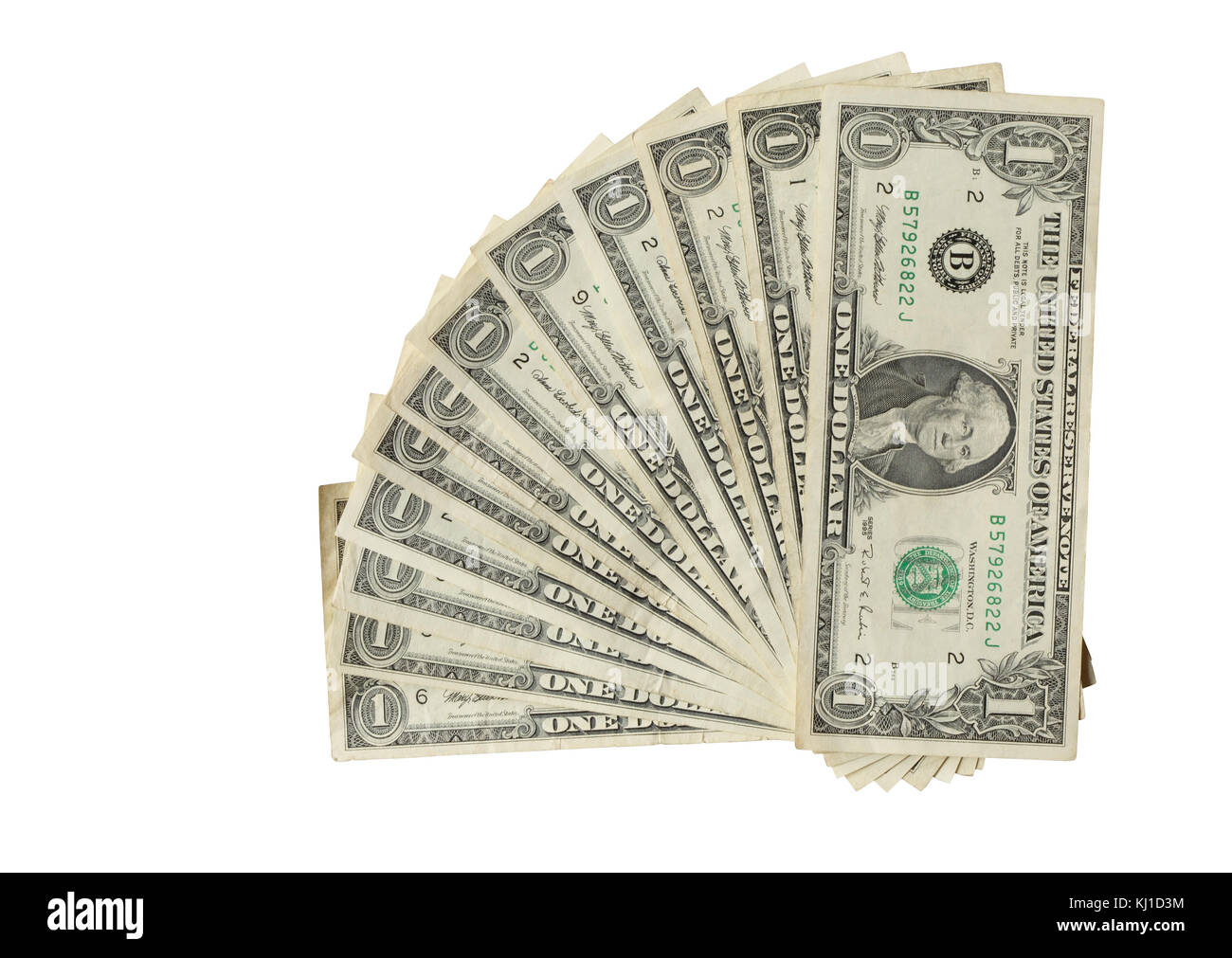 Twelve USA one dollar bank notes isolated on white with clipping path ...
