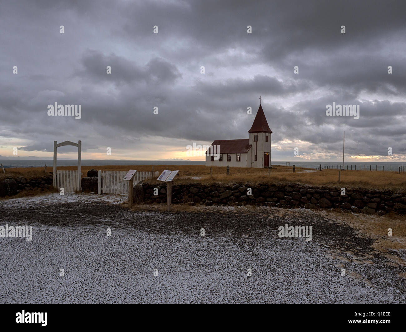 Corrugated iron church in the tiny village of Hellnar, close to ...