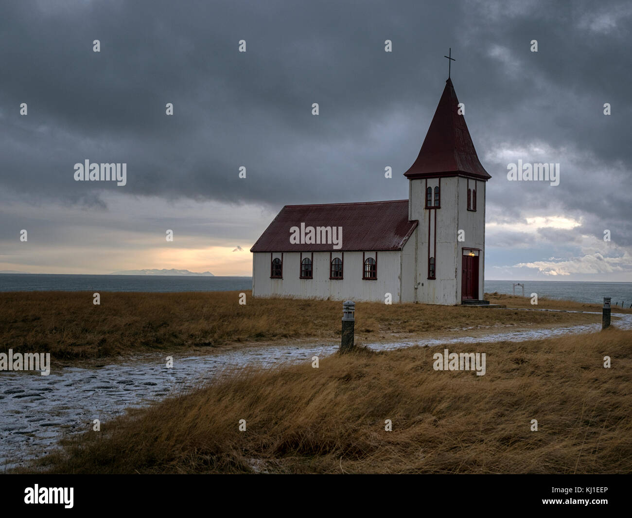 Corrugated iron church in the tiny village of Hellnar, close to ...