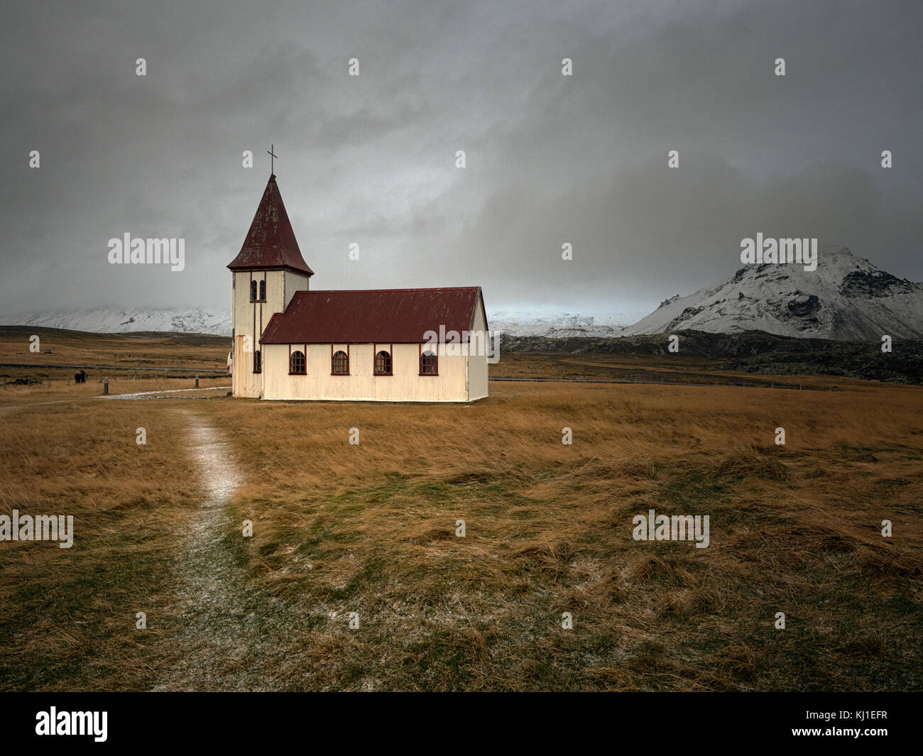 Corrugated iron church in the tiny village of Hellnar, close to ...