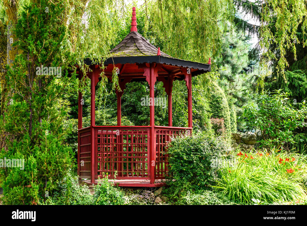 Stylish red pagoda in a Japanese garden among trees and green plants in ...