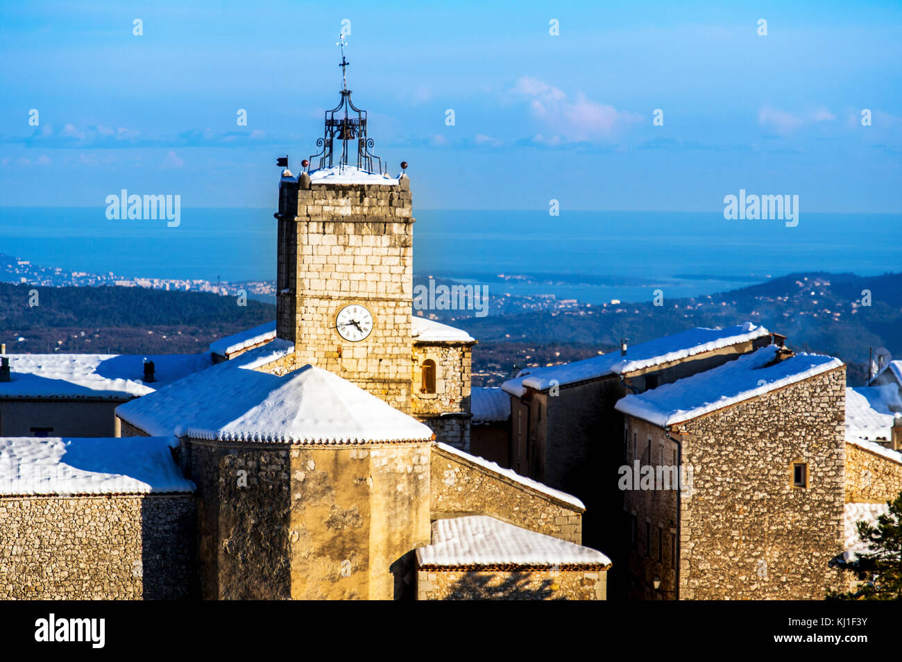 Europe, France, Mons, Var. The perched village of Haut-Var under snow ...