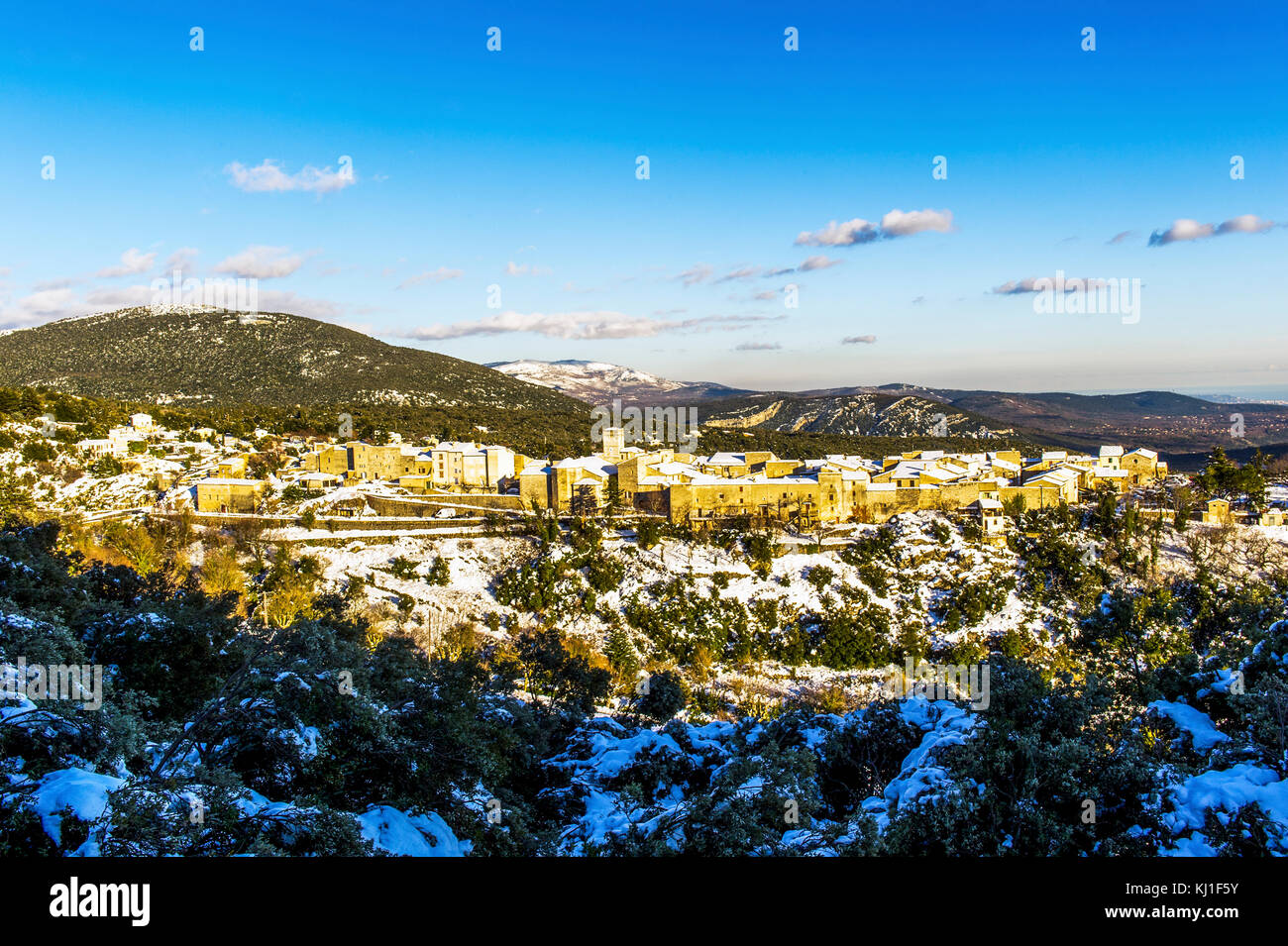 Europe, France, Mons, Var. The perched village of Haut-Var under snow ...