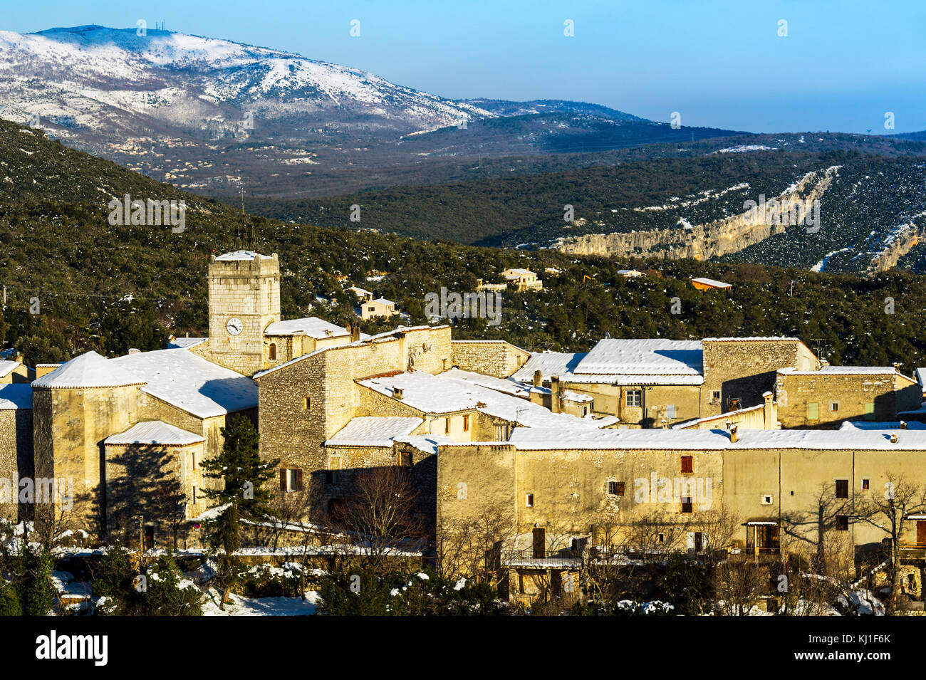 Europe, France, Mons, Var. The perched village of Haut-Var under snow ...