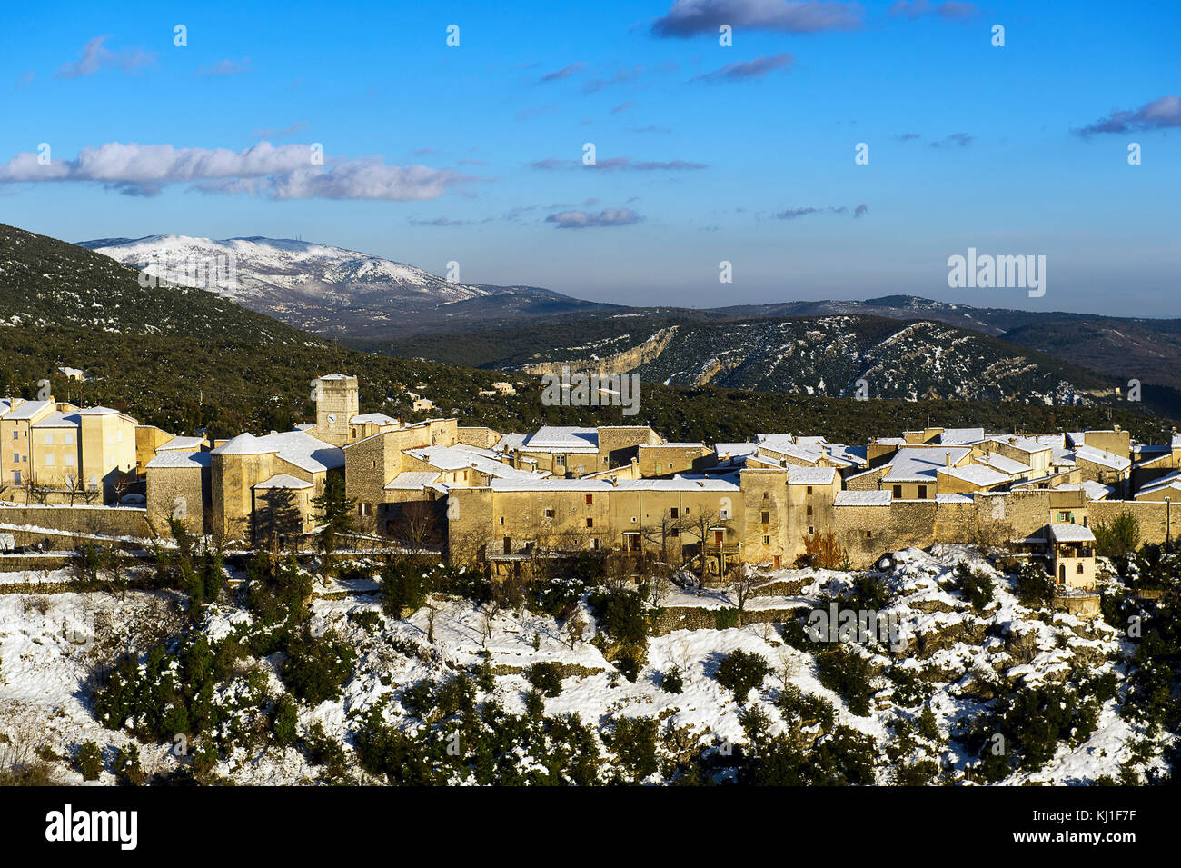 Europe, France, Mons, Var. The perched village of Haut-Var under snow ...