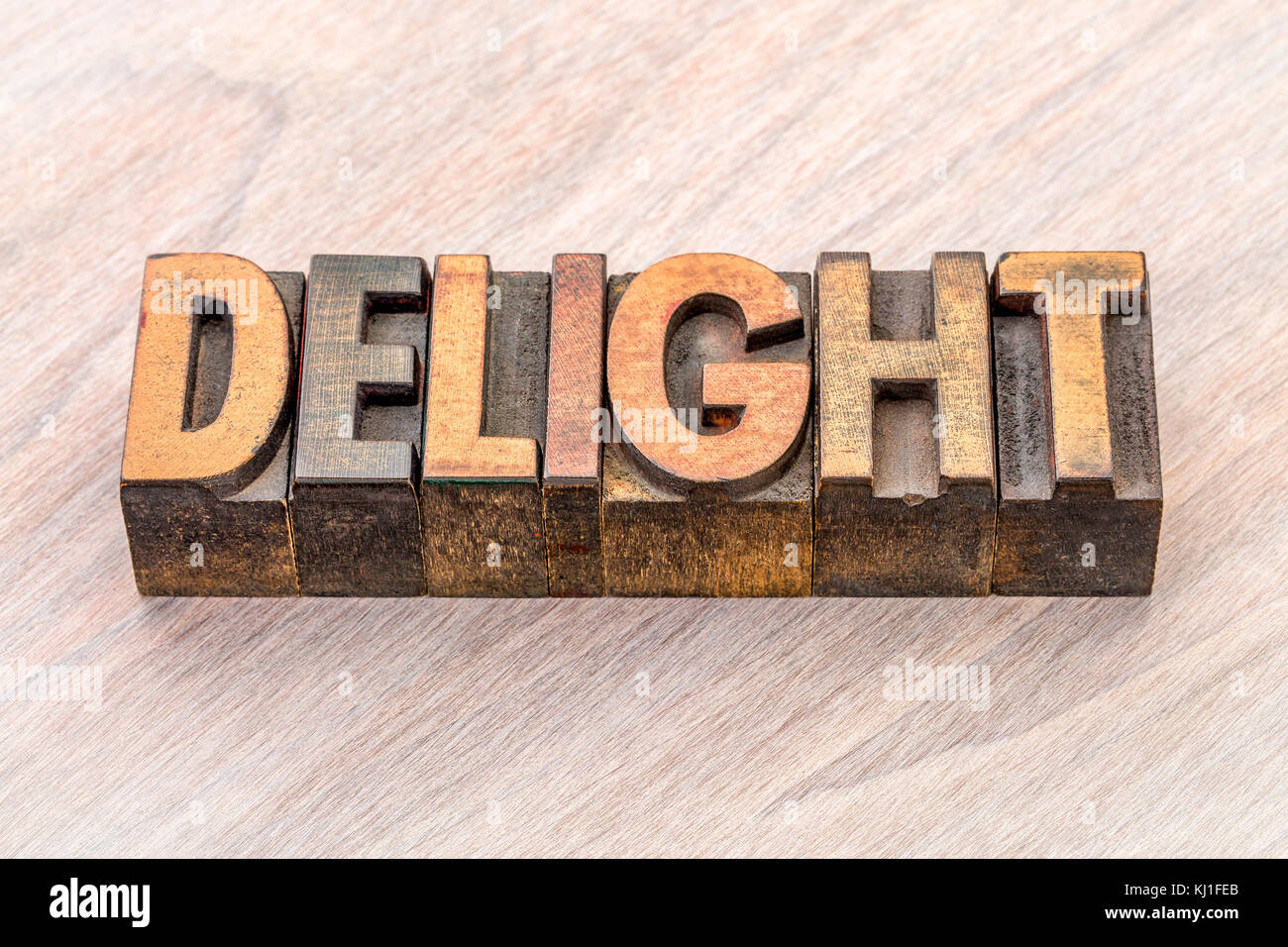 delight word abstract in vintage letterpress wood type Stock Photo - Alamy