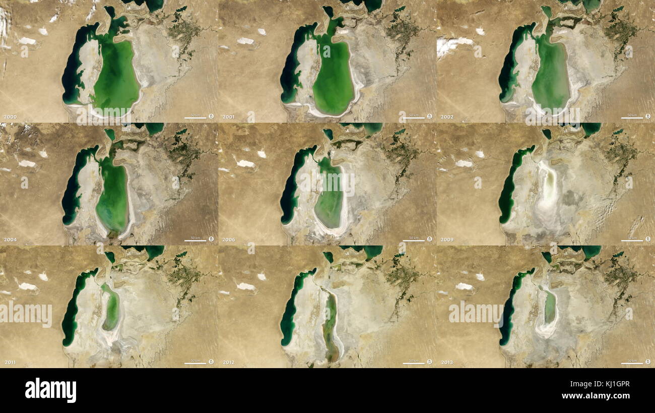 Satellite image of the shrinking of the Aral Sea from 2000 to 2013. The ...