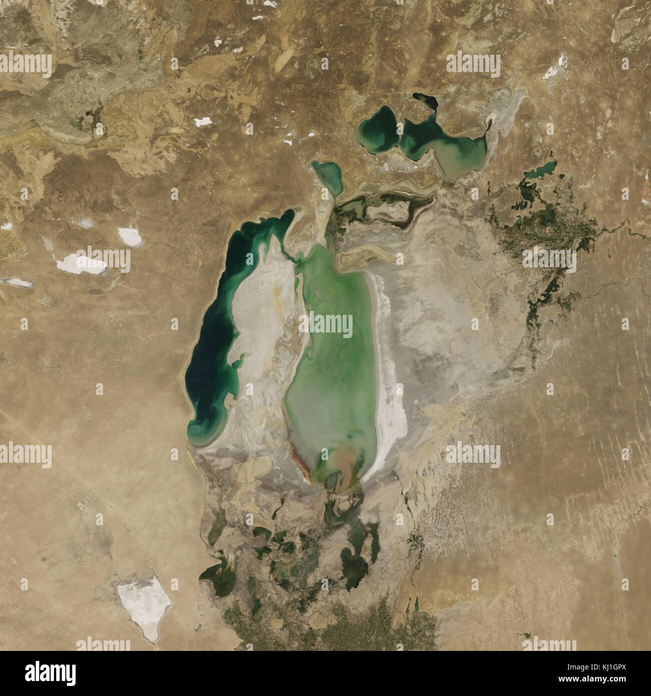 Satellite image of the shrinking of the Aral Sea taken in 2005. The ...