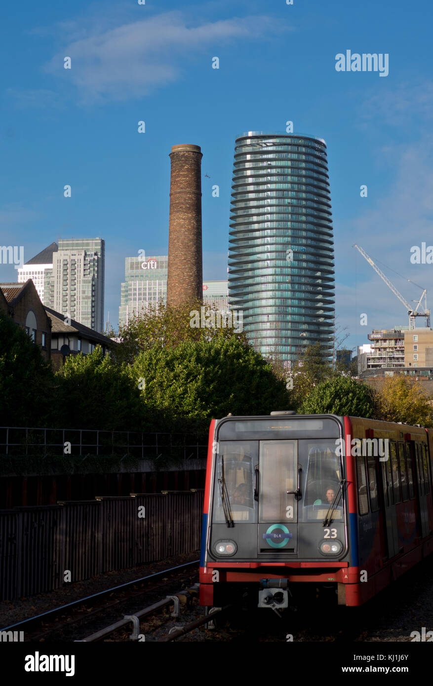 Mudchute DLR train station in Docklands, with Canary Wharf banking HQ ...