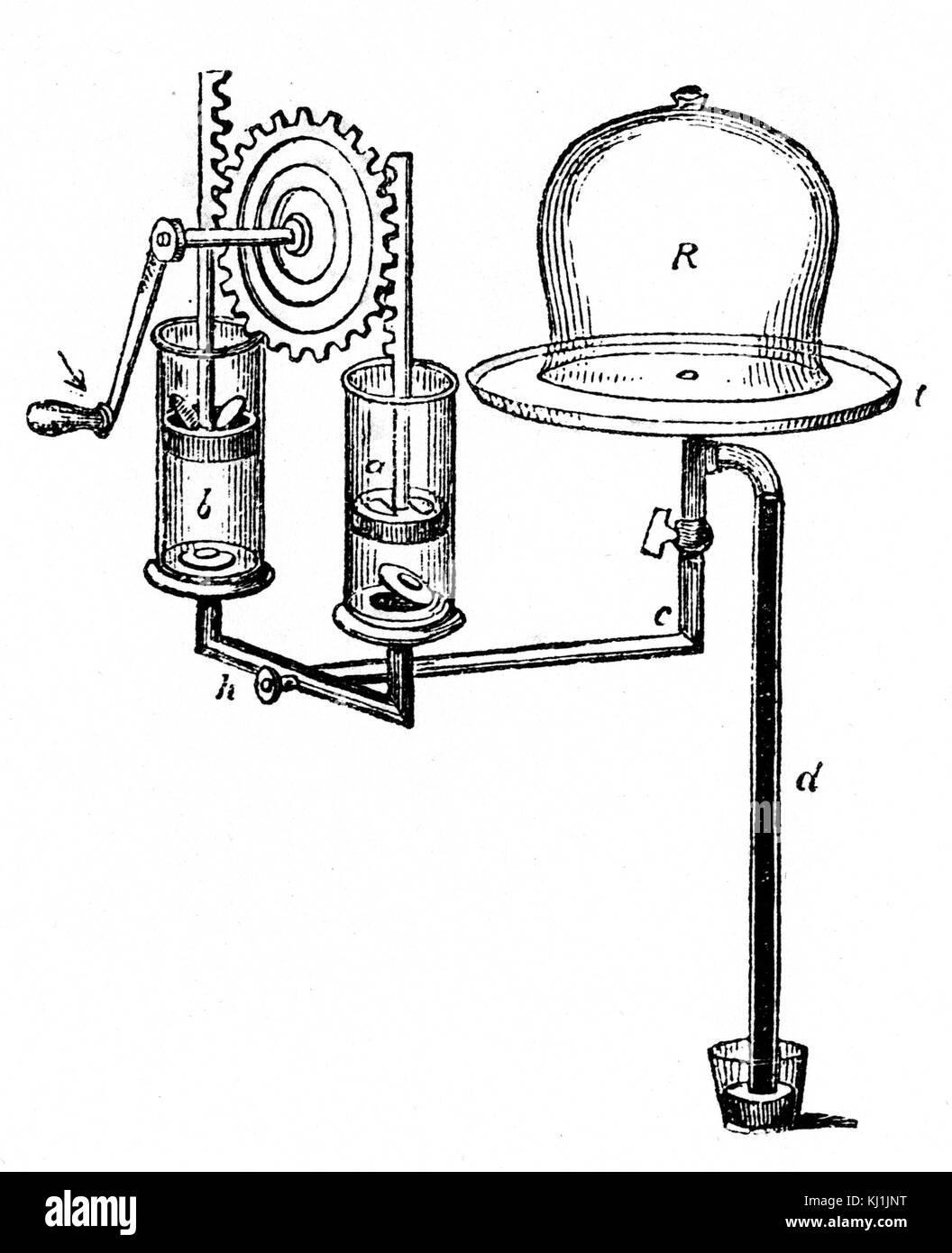 Engraving depicting the mechanism of an air pump. Dated 19th Century ...