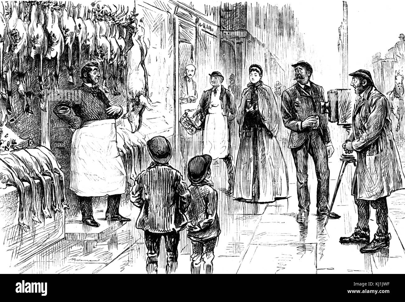 Engraving depicting a butcher and poulterer being photographed in front ...