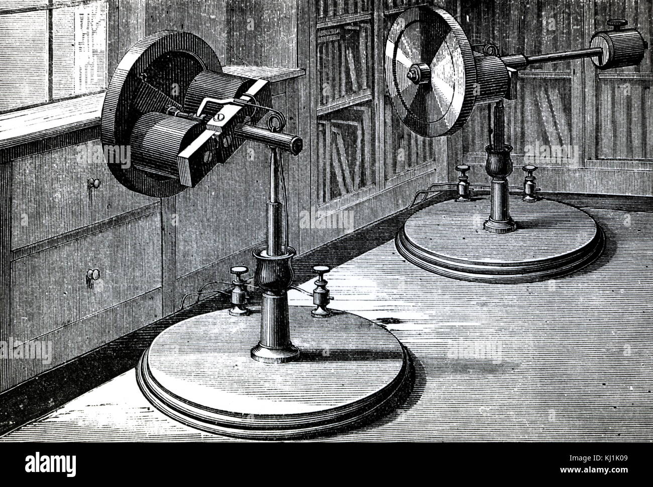 Engraving depicting an electric gyroscope, a device consisting of a ...