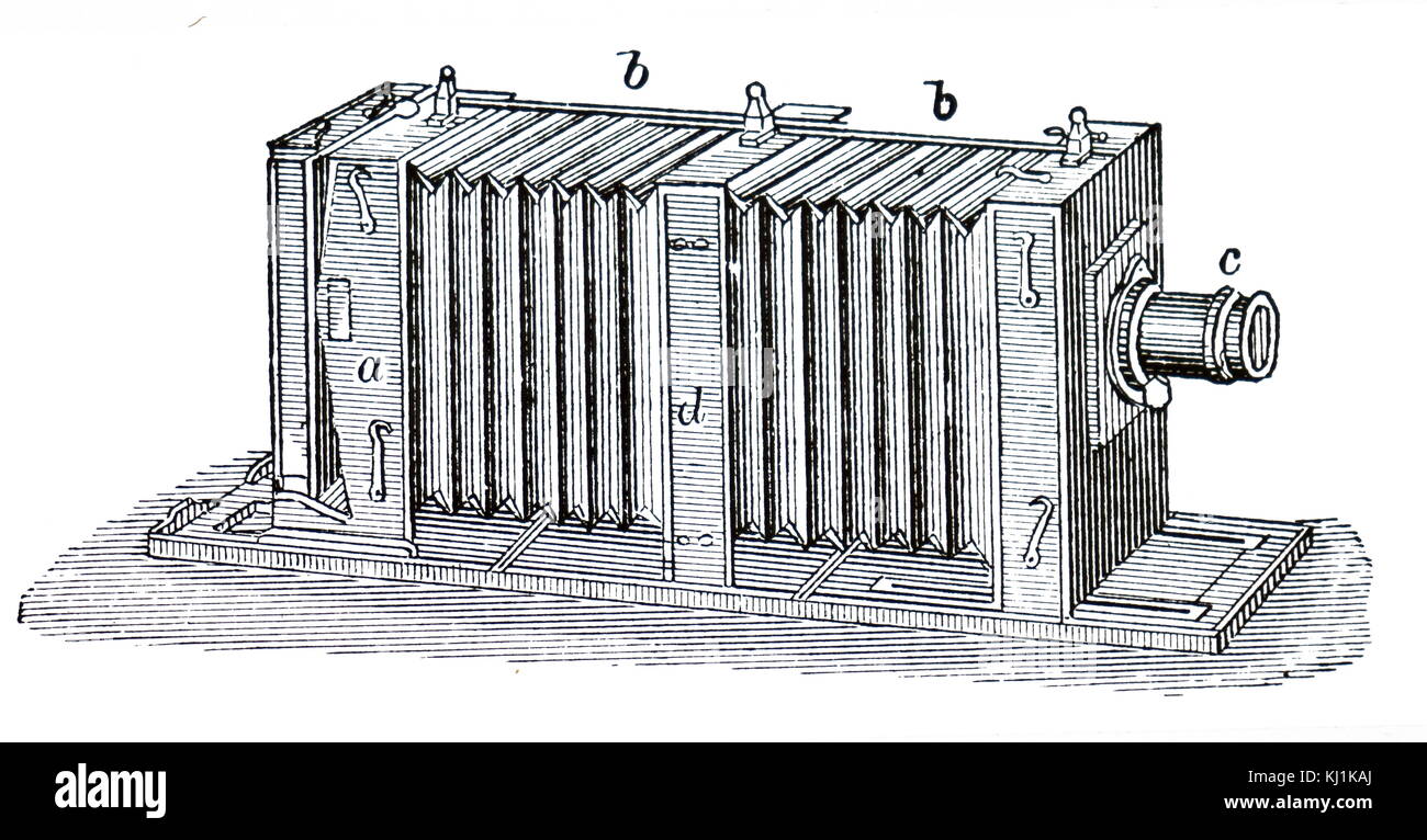 Engraving depicting a bellows camera. a bellows is the accordion-like ...