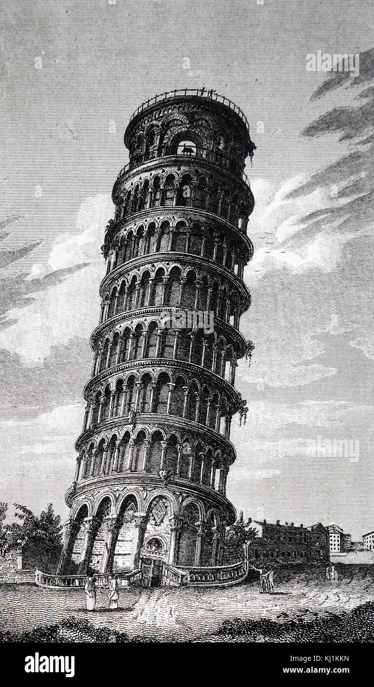 Engraving depicting the Leaning Tower of Pisa, the campanile, or ...