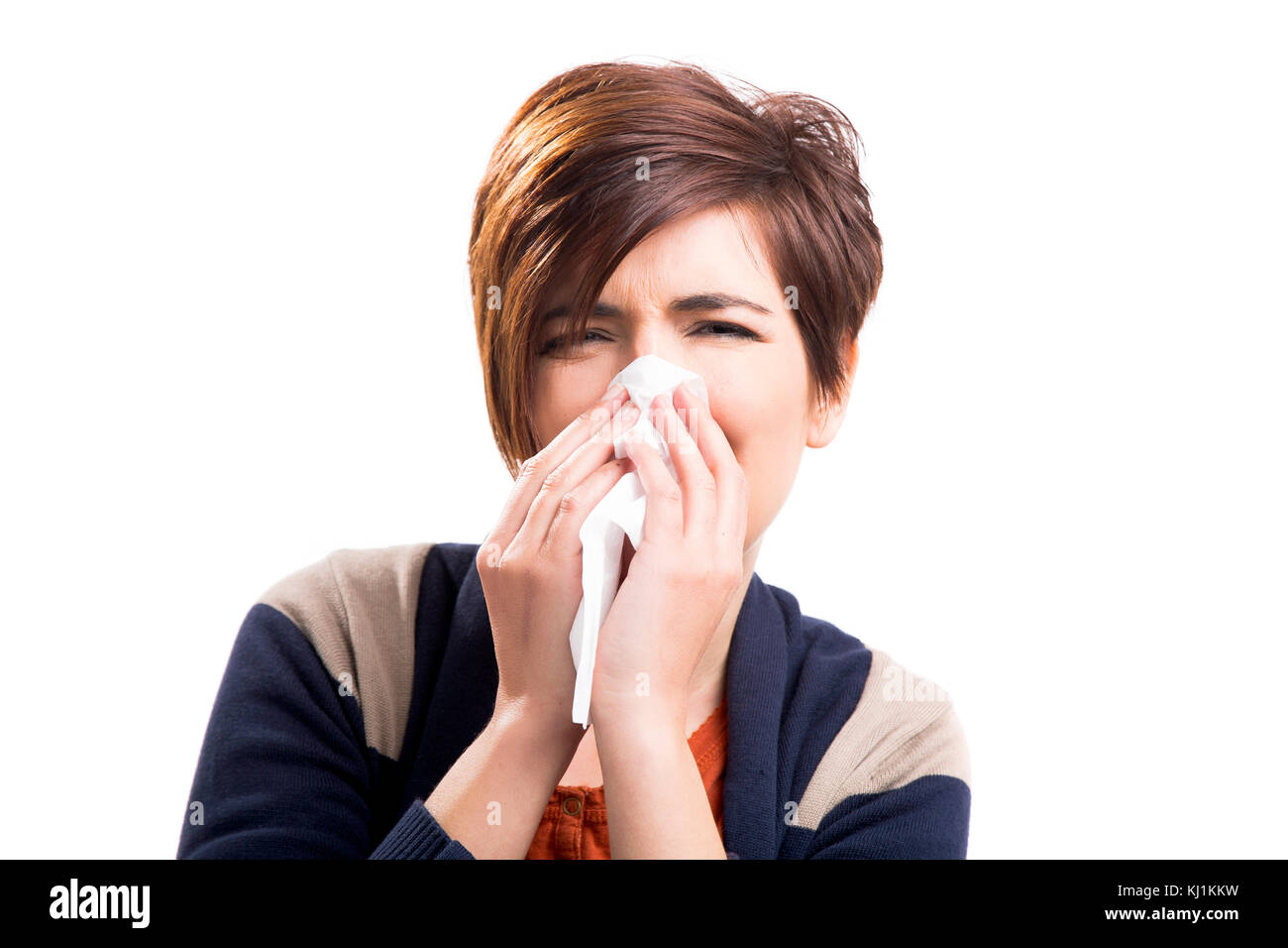 Portrait of a woman with flu, isolated over a white background Stock ...