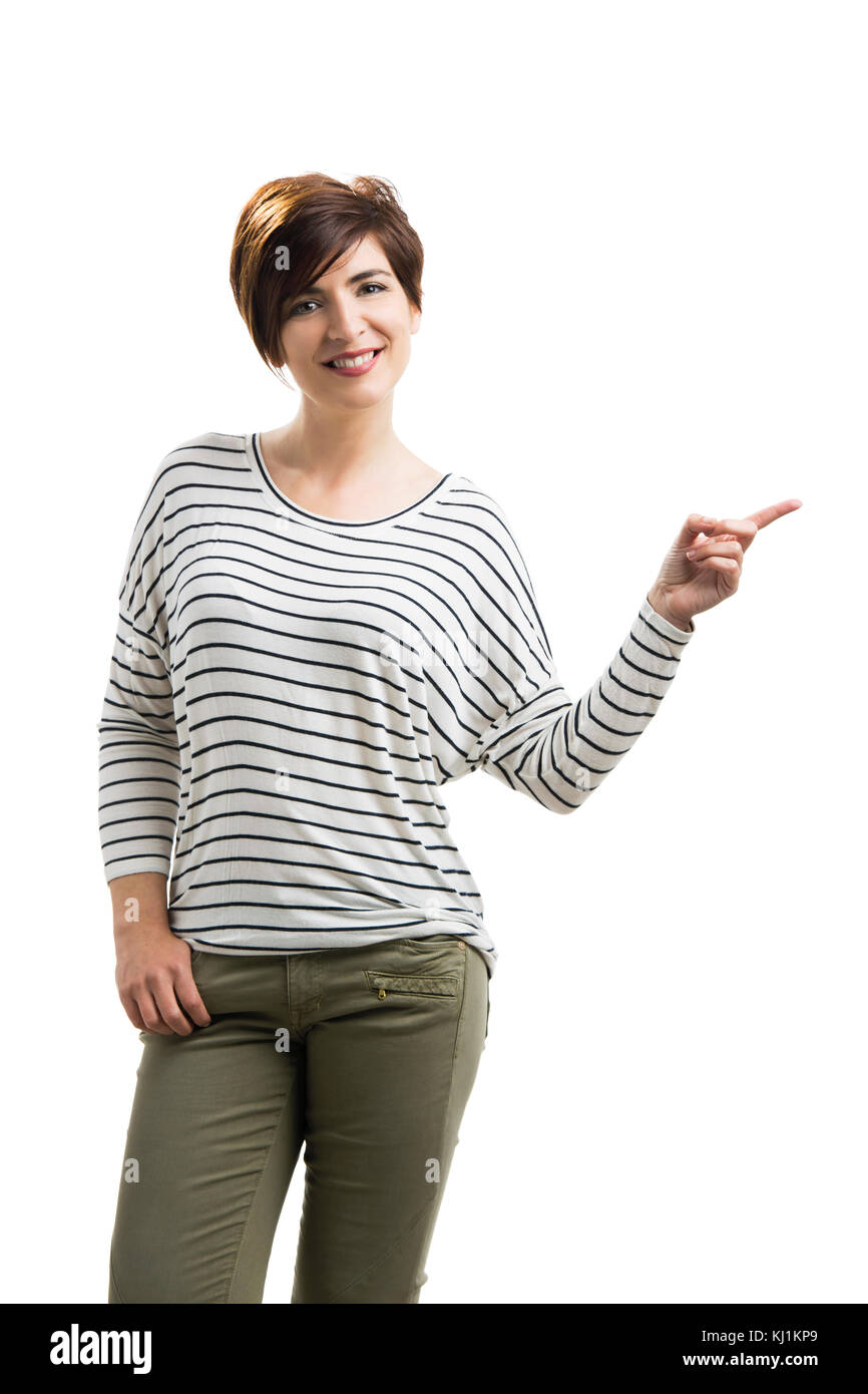 Beautiful woman pointing, isolated over a white background Stock Photo ...