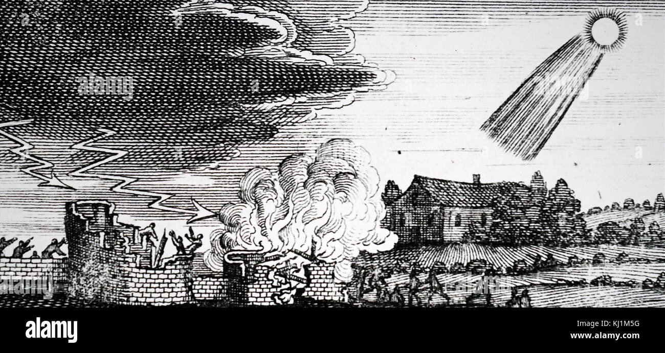Engraving depicting a bolide meteor falling to earth during the day ...