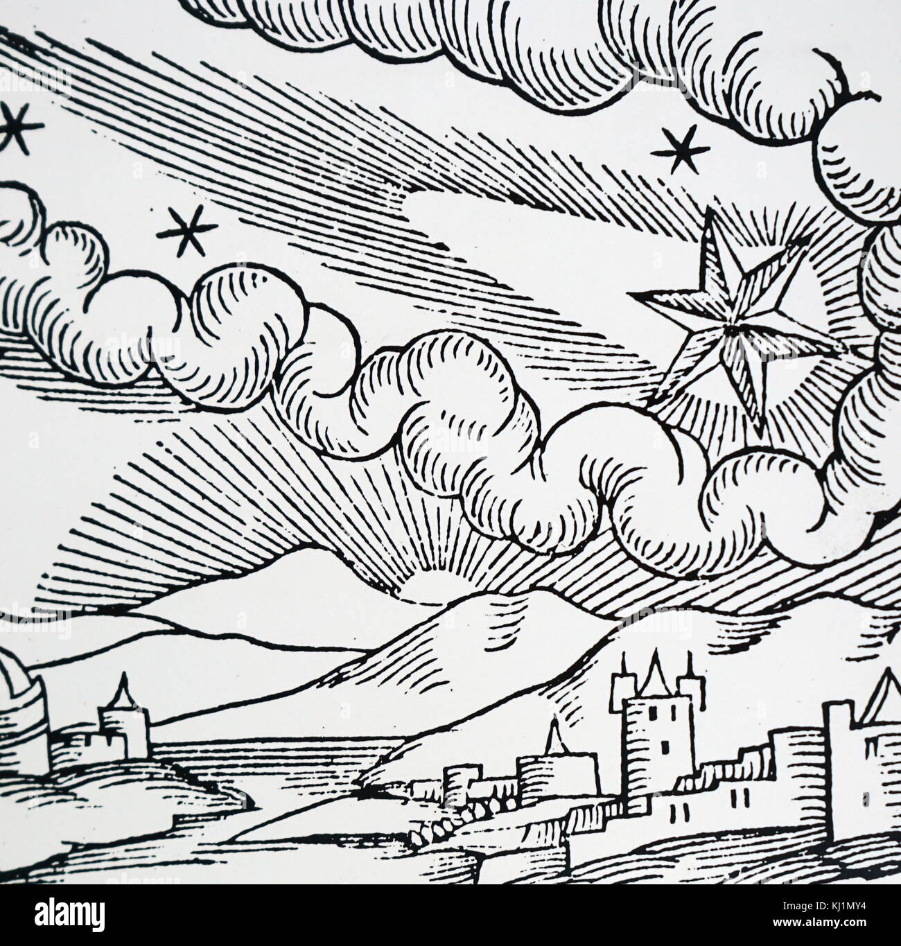 Woodcut print depicting a comet flying in the sky during the 3rd ...
