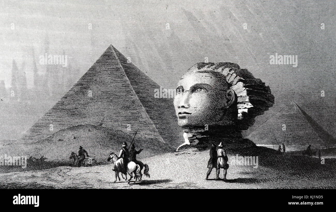 Engraving depicting the Pyramids of Giza and the Sphinx, also known as ...