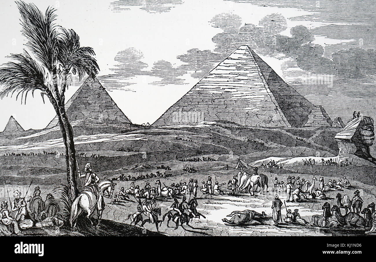 Engraving depicting the Pyramids of Giza, also known as the Giza ...