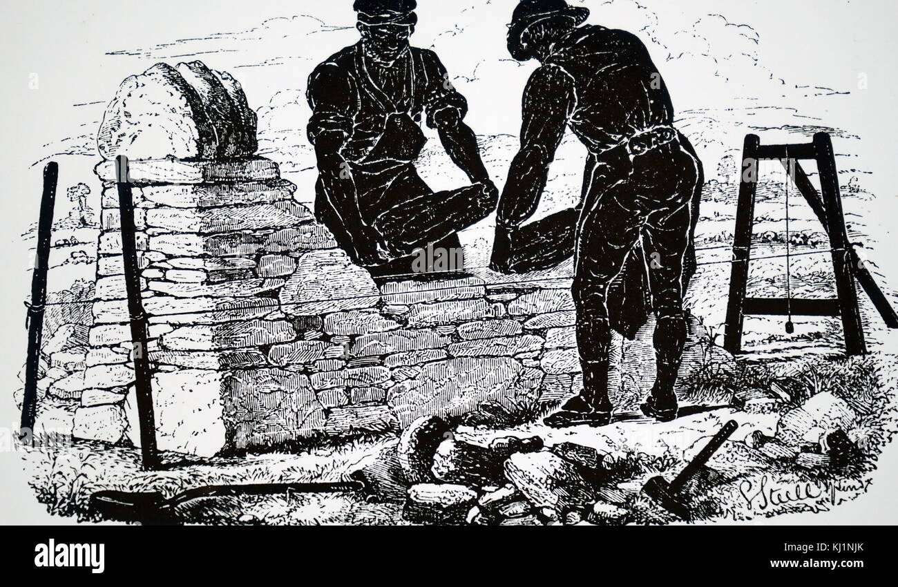 Engraving depicting two labourers building a dry stone wall somewhere ...