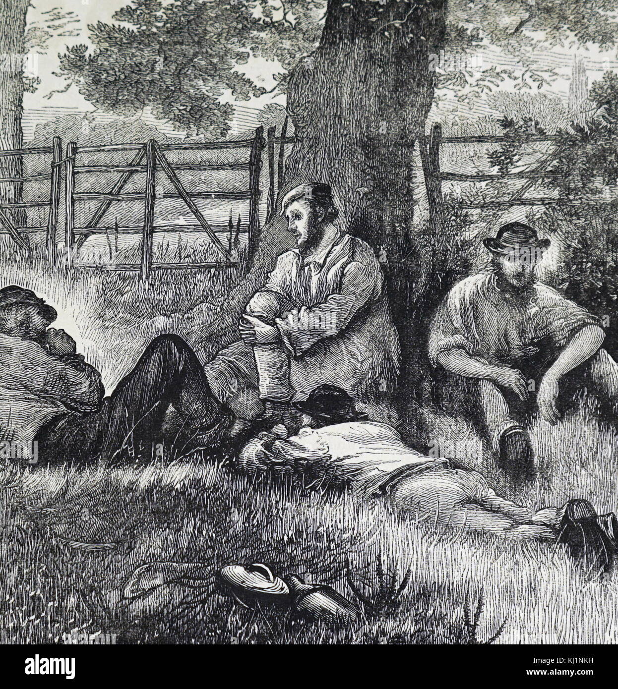 Engraving depicting agricultural labourers resting under a tree during ...