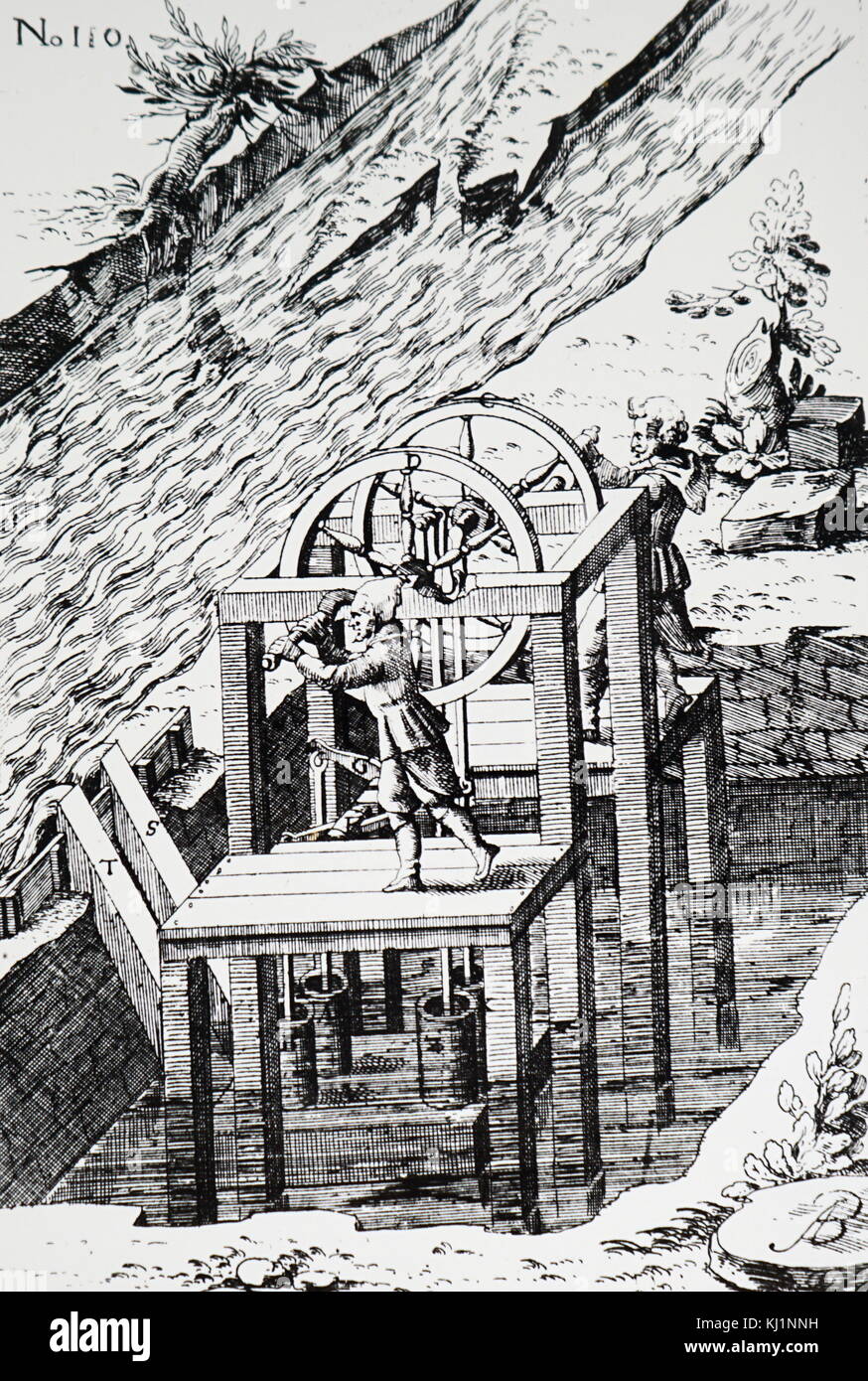 Hand powered pumps being used to raise water into river engraving hi ...