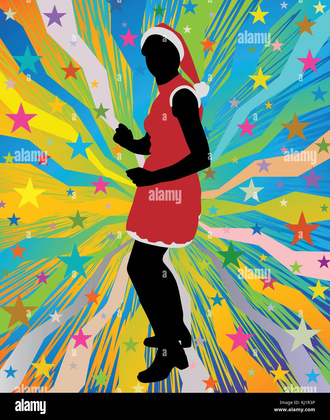 Santa girl dancing on abstract colorful background with stars Stock ...