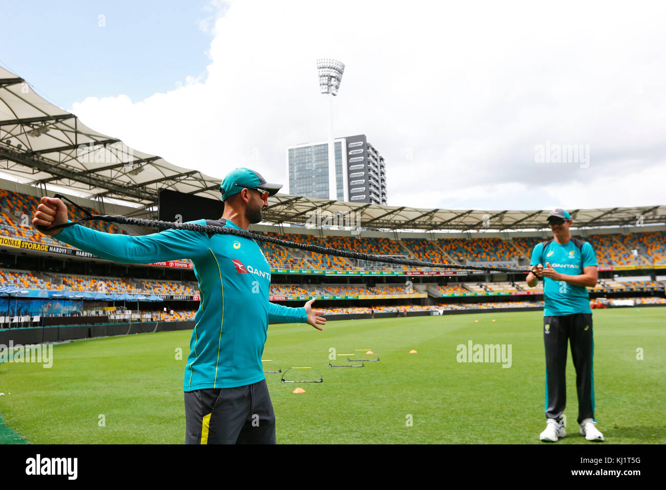 Australia's Nathan Lyon warms up during a nets session at The Gabba ...