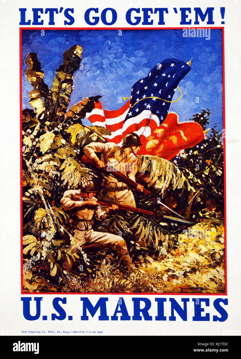 This World War II recruiting poster shows marines bearing rifles with ...