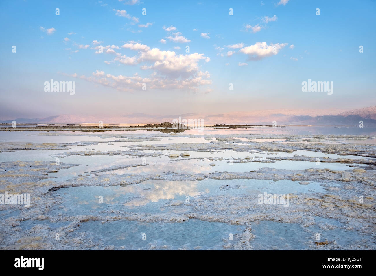 Landscape of the Dead Sea in Israel. By sunset, the Jordan mountains on ...