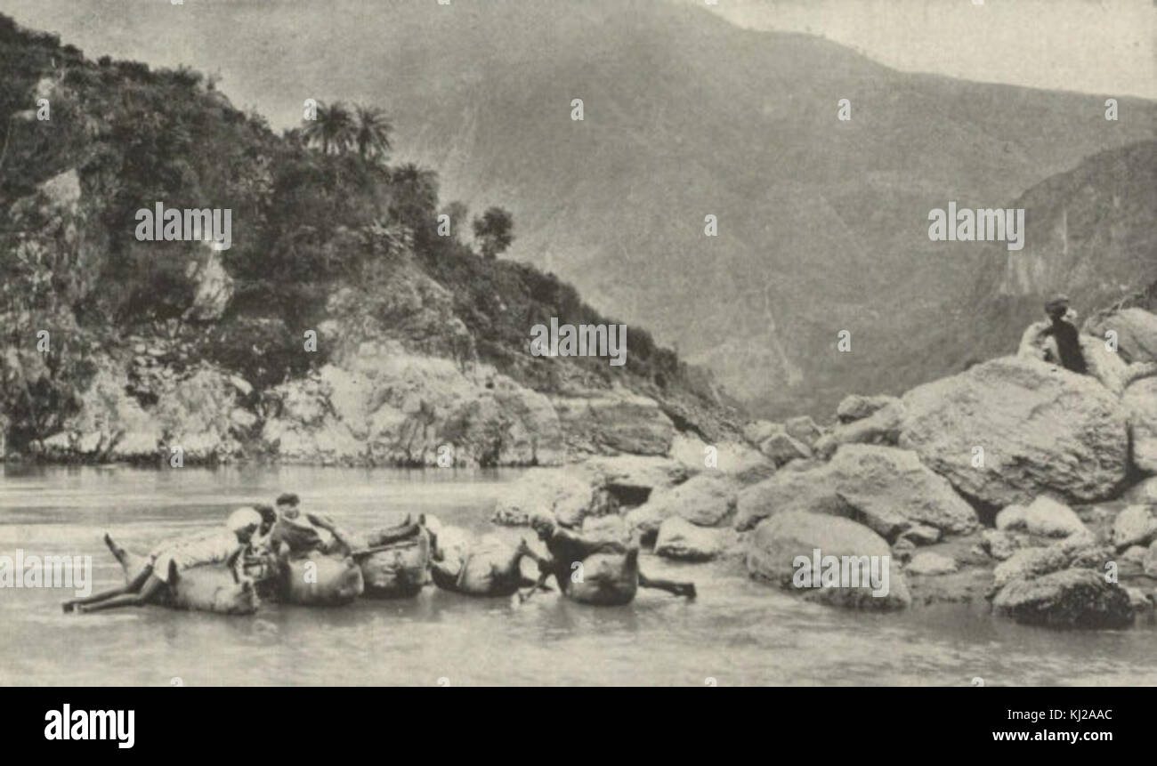 Crossing the Sutlej near Simla upon inflated animal skins Stock Photo ...