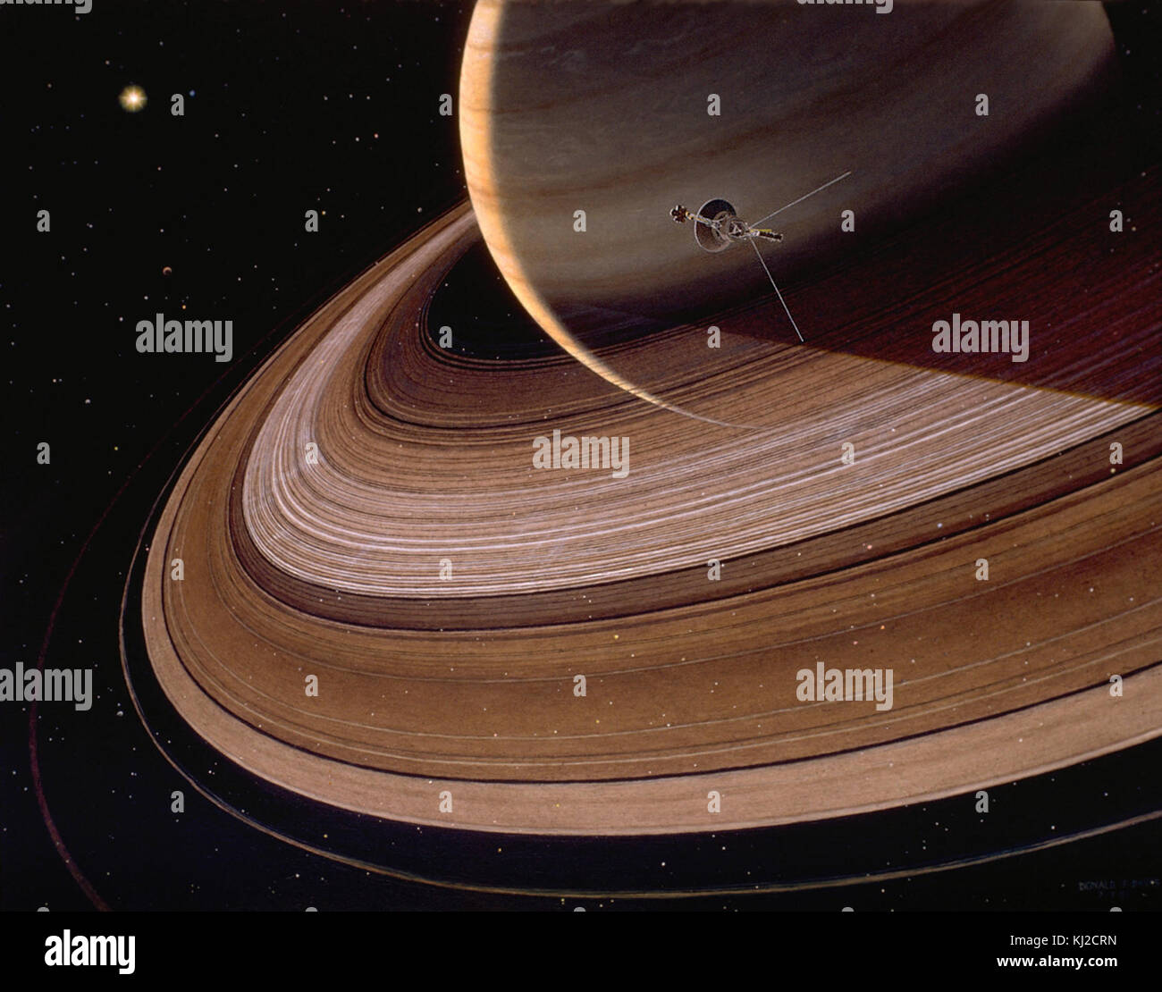 This image shows NASA's Voyager 2 spacecraft during its closest approach to Saturn, capturing ...