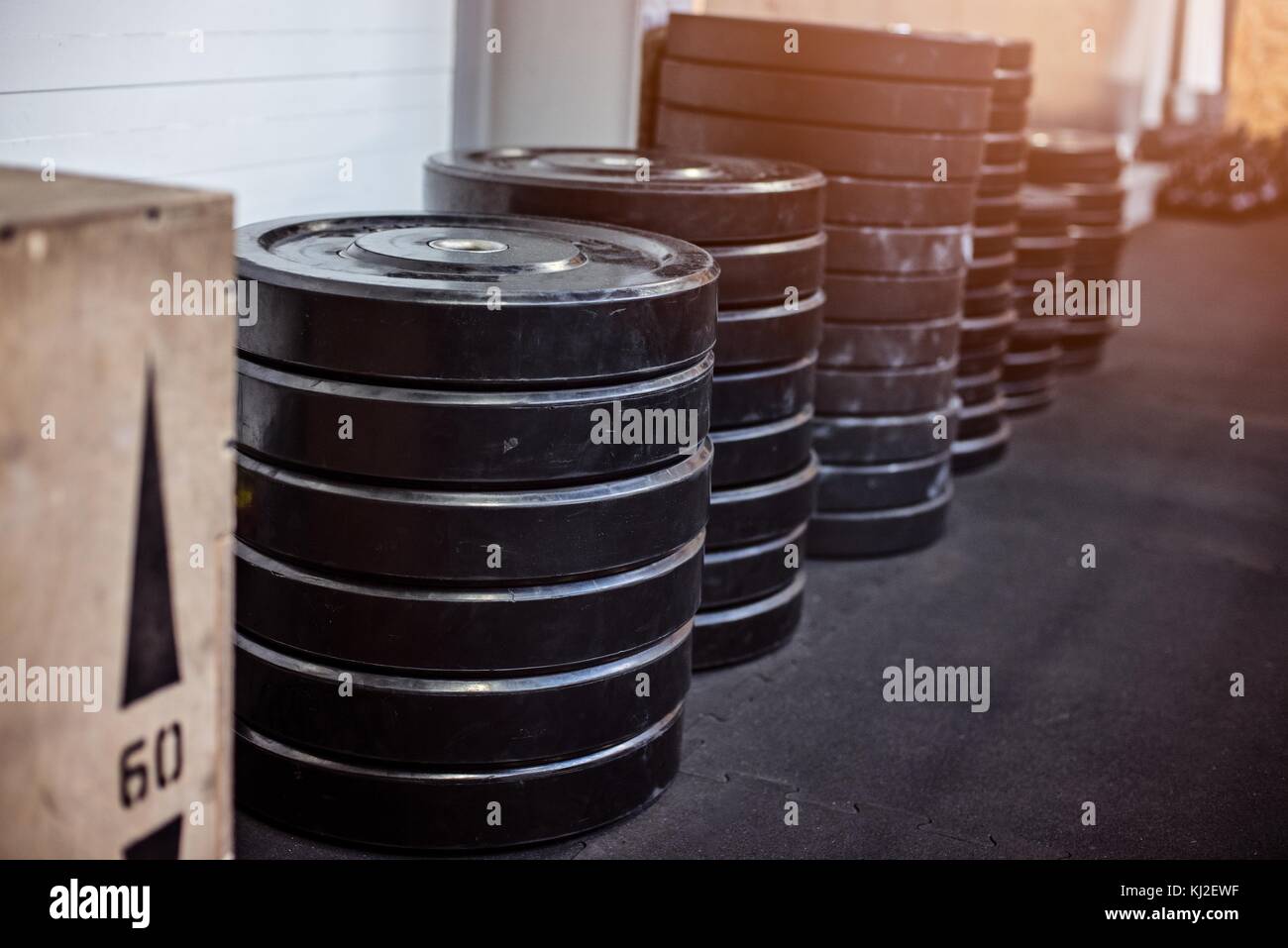 Stacked heavy weights in the crossfit gym Stock Photo - Alamy