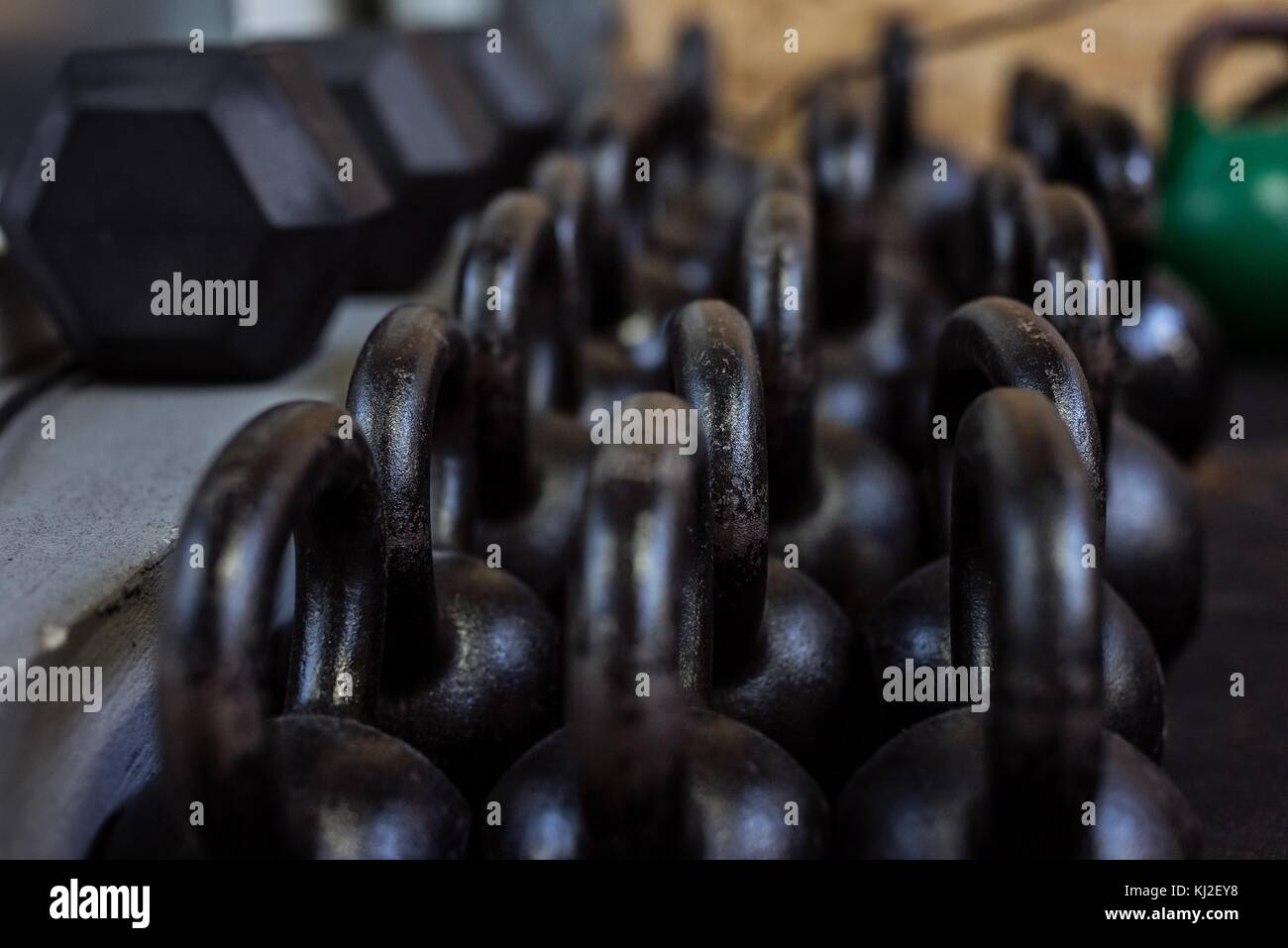 Metal heavy kettlebells weights in the gym. Crossfit workout of the day ...