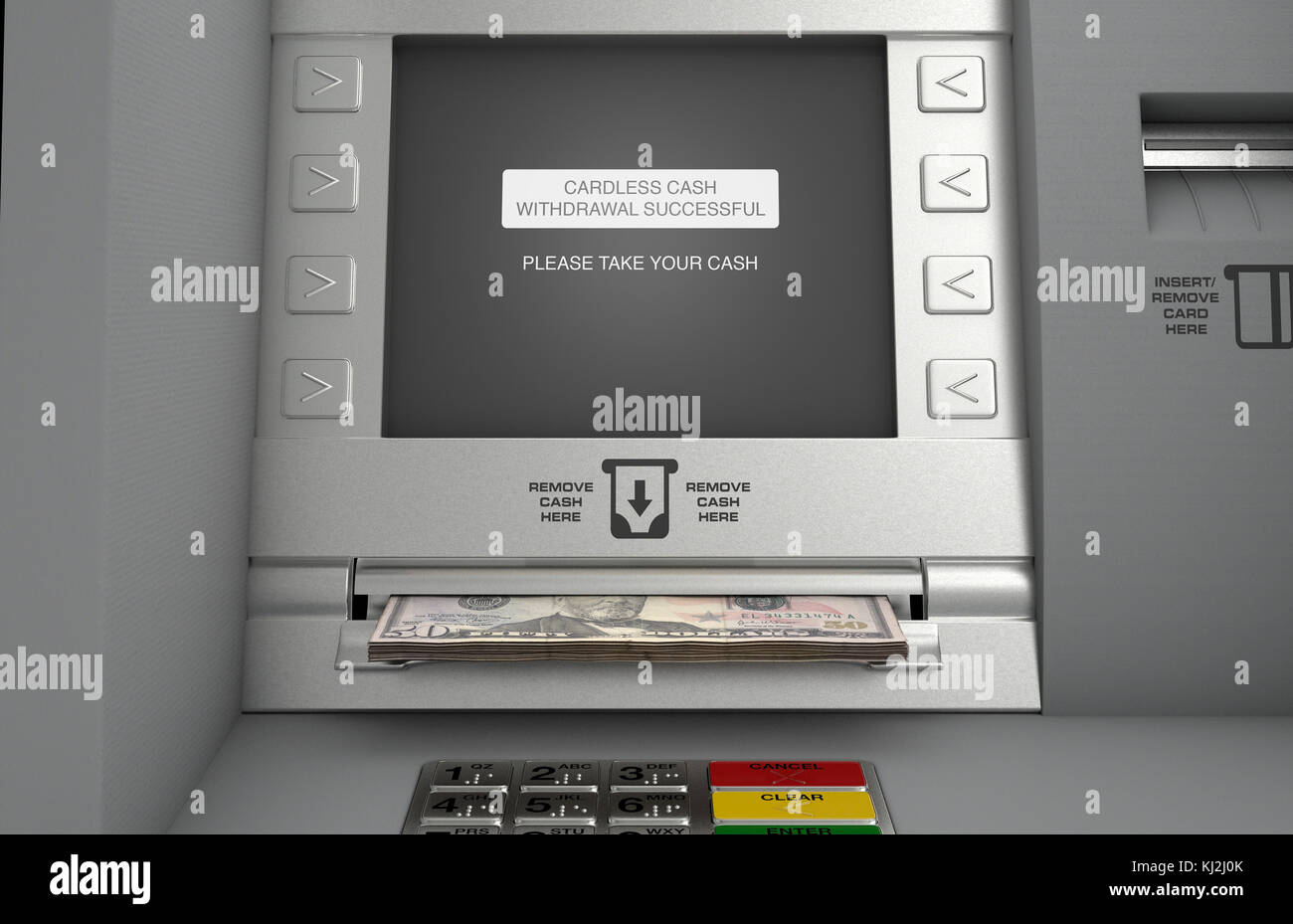 A generic atm facade where the screen indicates that a cardless cash ...