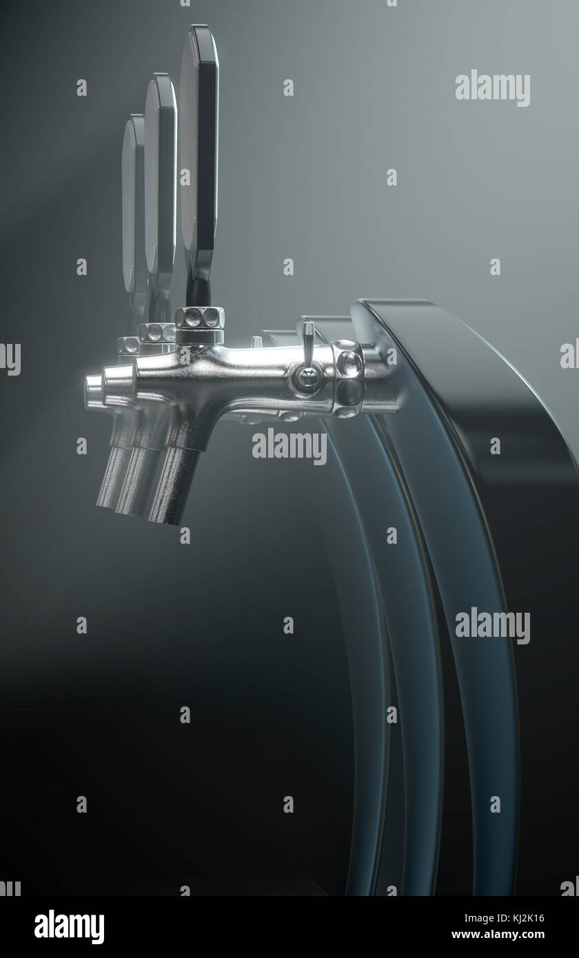 A row of slick modern black and chrome draught beer taps on an isolated ...