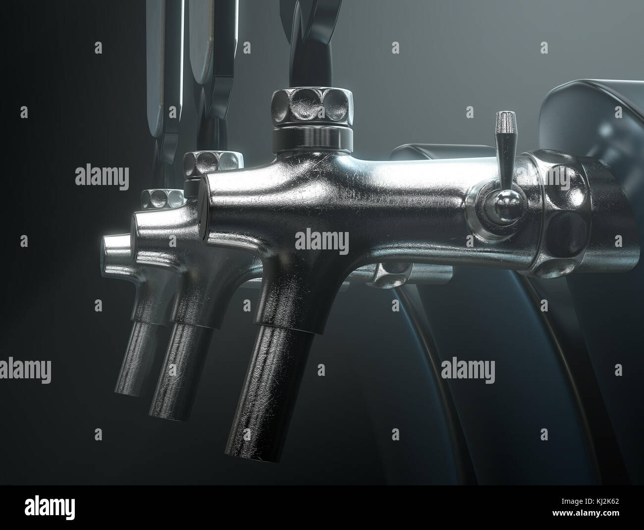 A row of slick modern black and chrome draught beer taps on an isolated ...