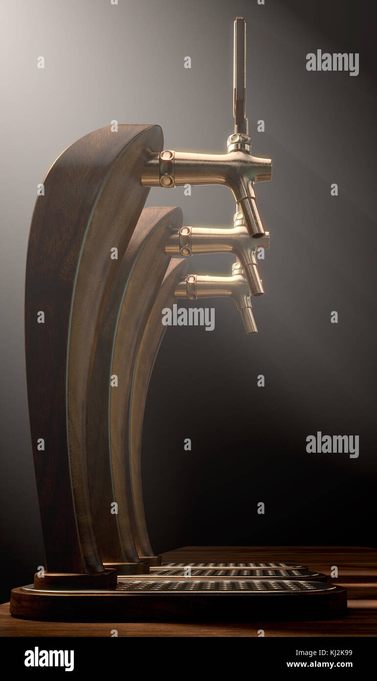 A row of wood and brass draught beer taps on an isolated dark moody ...
