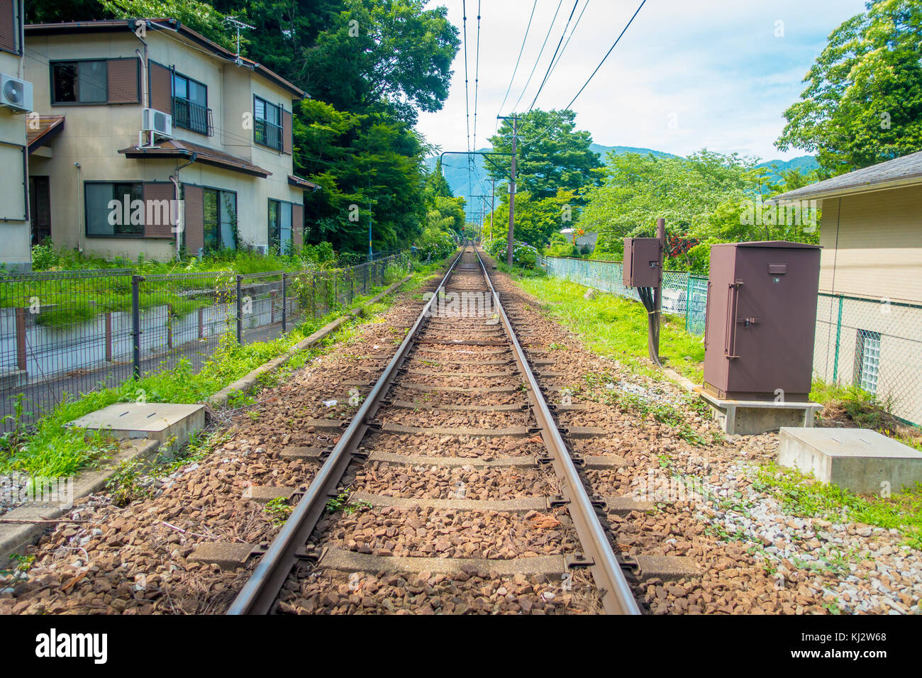 Railway of Hakone Tozan cable train line at Gora station in Hakone ...