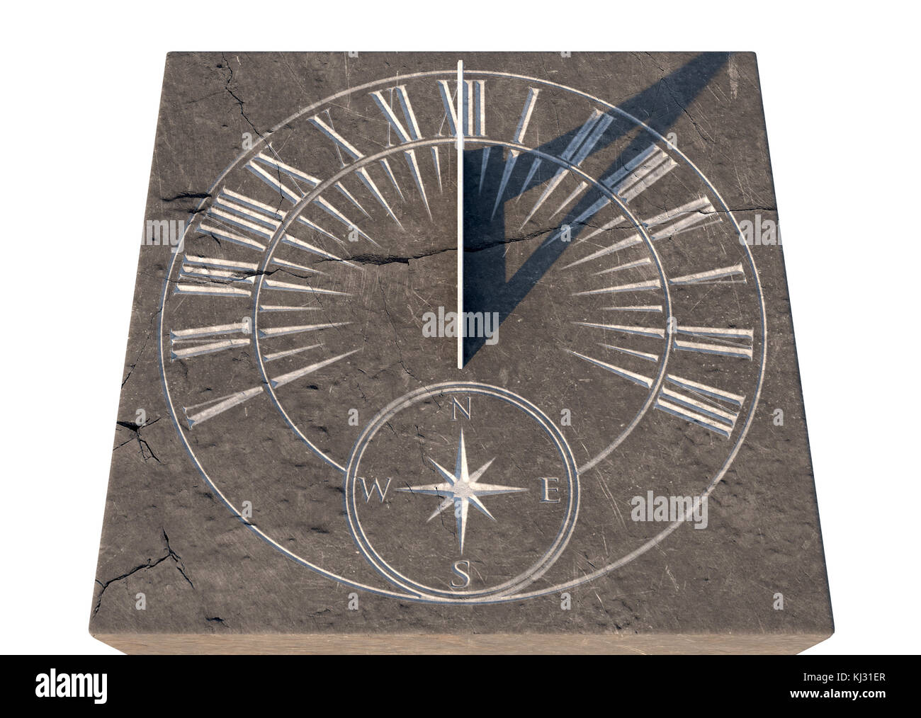 An old stone sundial with etched roman numerals standing an a ...