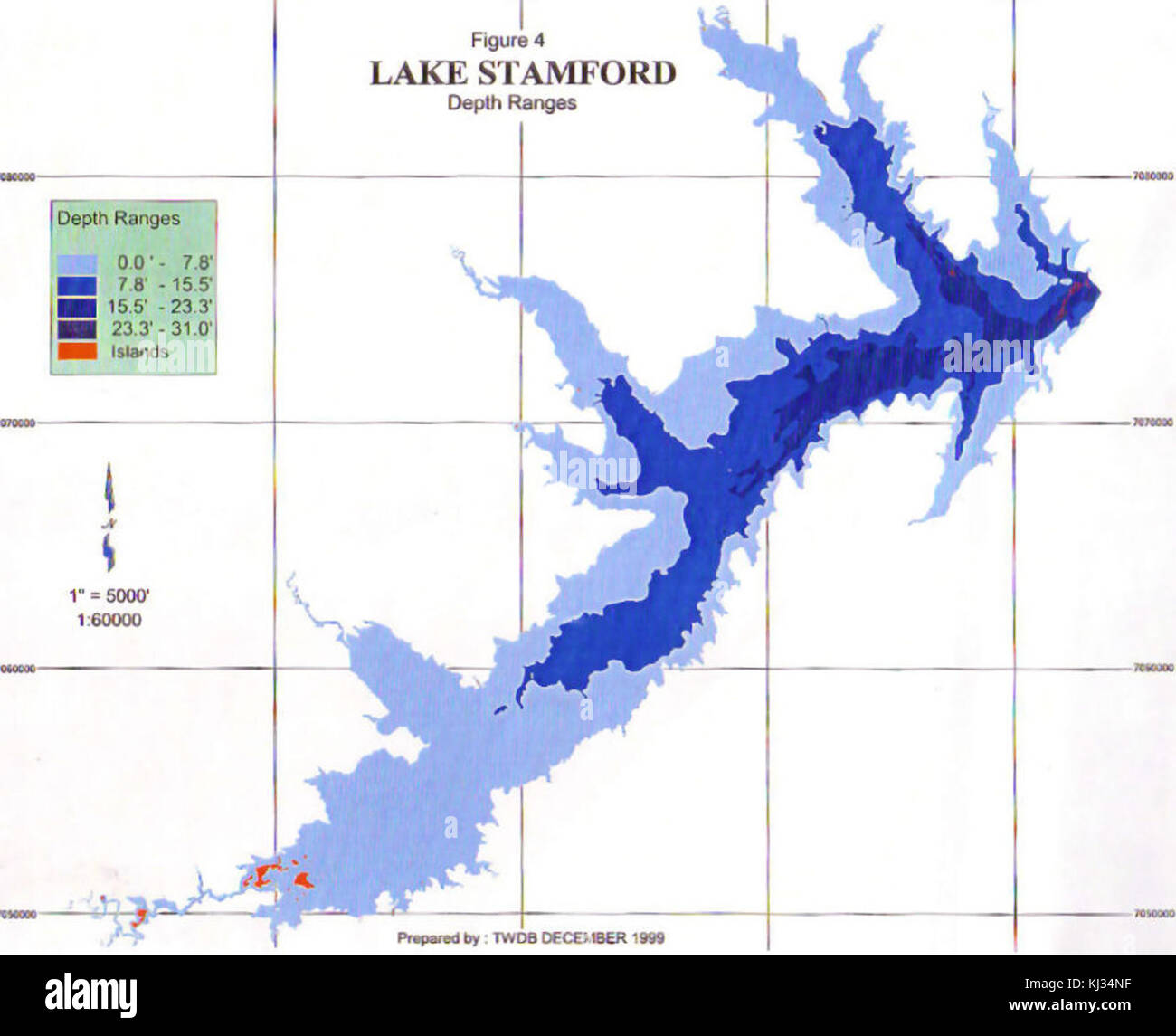 This data visualization presents the depth ranges of Lake Stamford, a ...