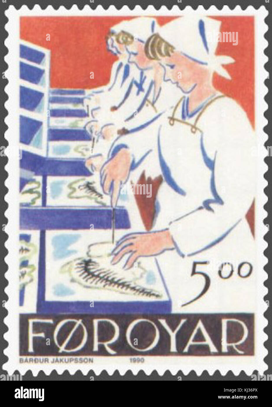 Faroe stamp 190 fish industry - processing the fish Stock Photo - Alamy