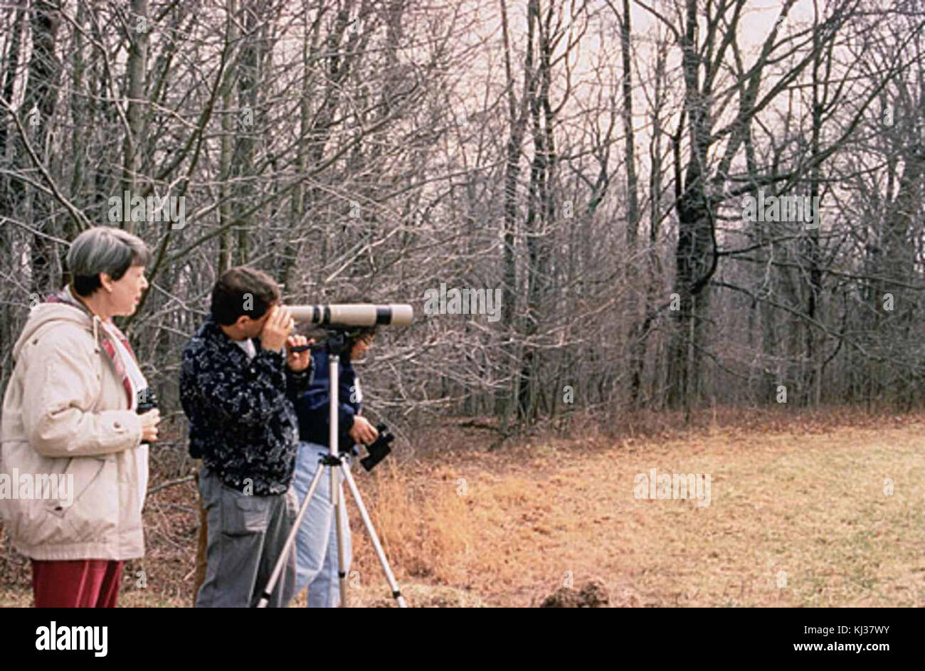 Three people view wildlife with a birding scope and binoculars Stock ...