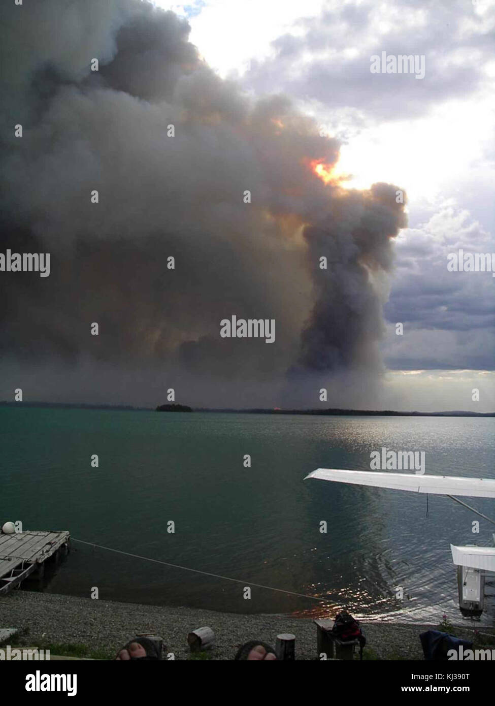 Big forest fire near lake from plane in flight over lake Stock Photo ...