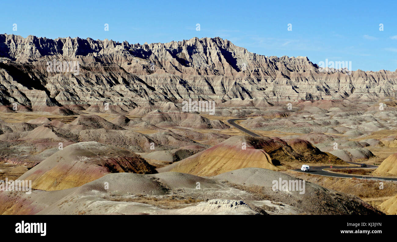 This image captures the rugged and dramatic landscape of Badlands ...
