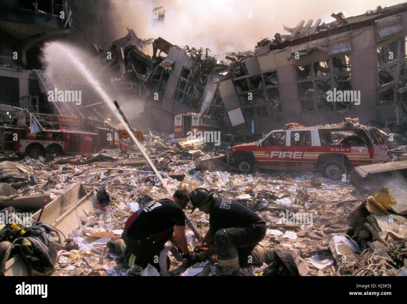 Fire fighting at Twin Towers in the aftermath of the September 11th ...